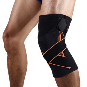 dofover knee compression sleeve with pressure strap 3d weaving pressurization knee brace knee support professional protective, joint pain relief, injury recovery-single (m, black orange)