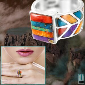 Turquoise Ring Sterling Silver 925 Genuine Gemstones Size 6 to 11 (Choose Color) (Multi-00, 6)