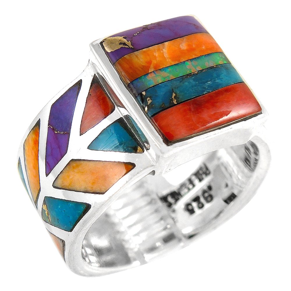 Turquoise Ring Sterling Silver 925 Genuine Gemstones Size 6 to 11 (Choose Color) (Multi-00, 6)