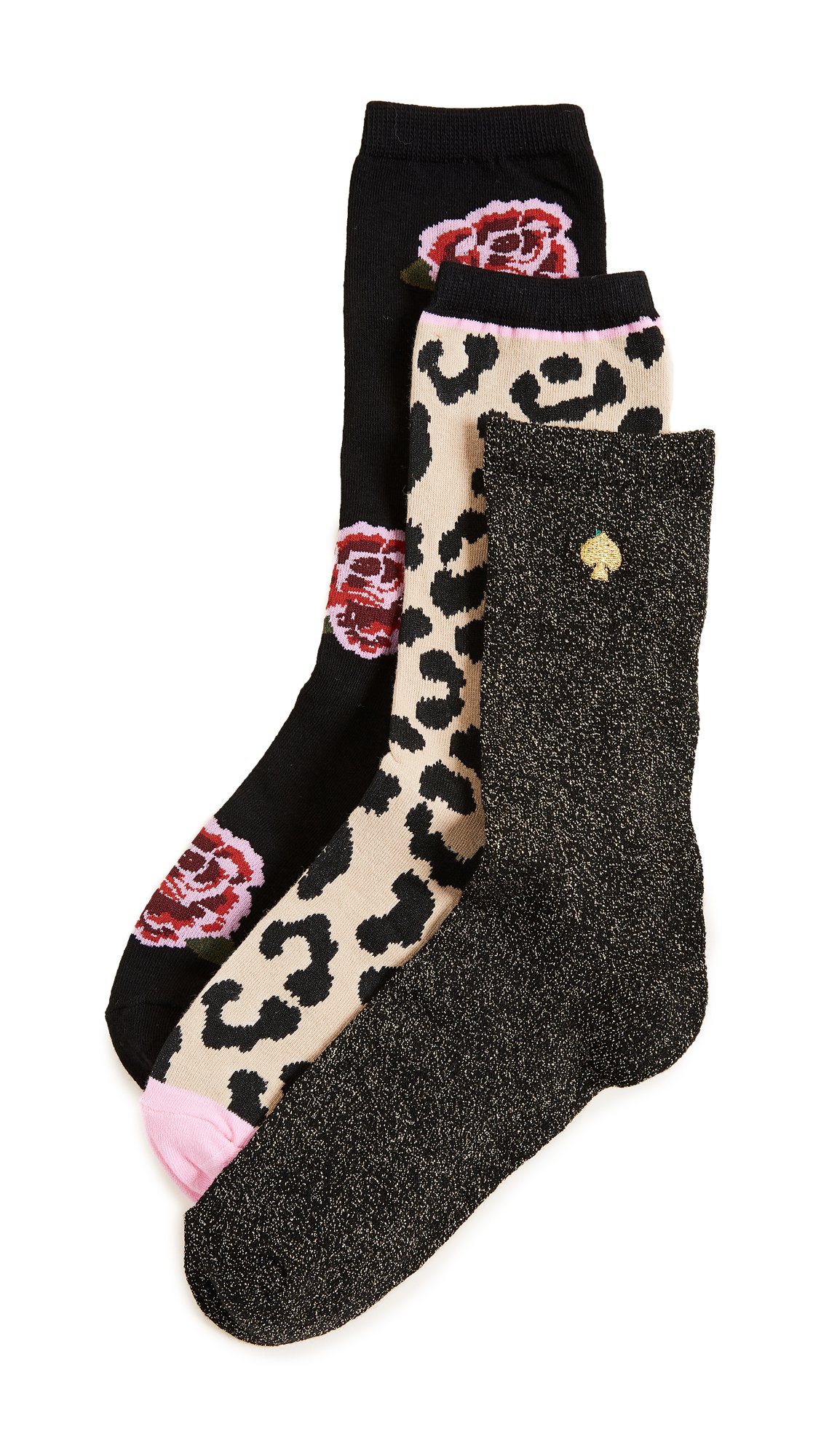 Kate Spade New York 3-Pack Boxed Rose Leopard Crew Socks Black One Size