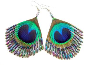 swimmi iridescent peacock feather earrings, hand beaded rainbow color beads peacock earrings for women, handmade dangle drop feather earrings fashion jewelry fa014