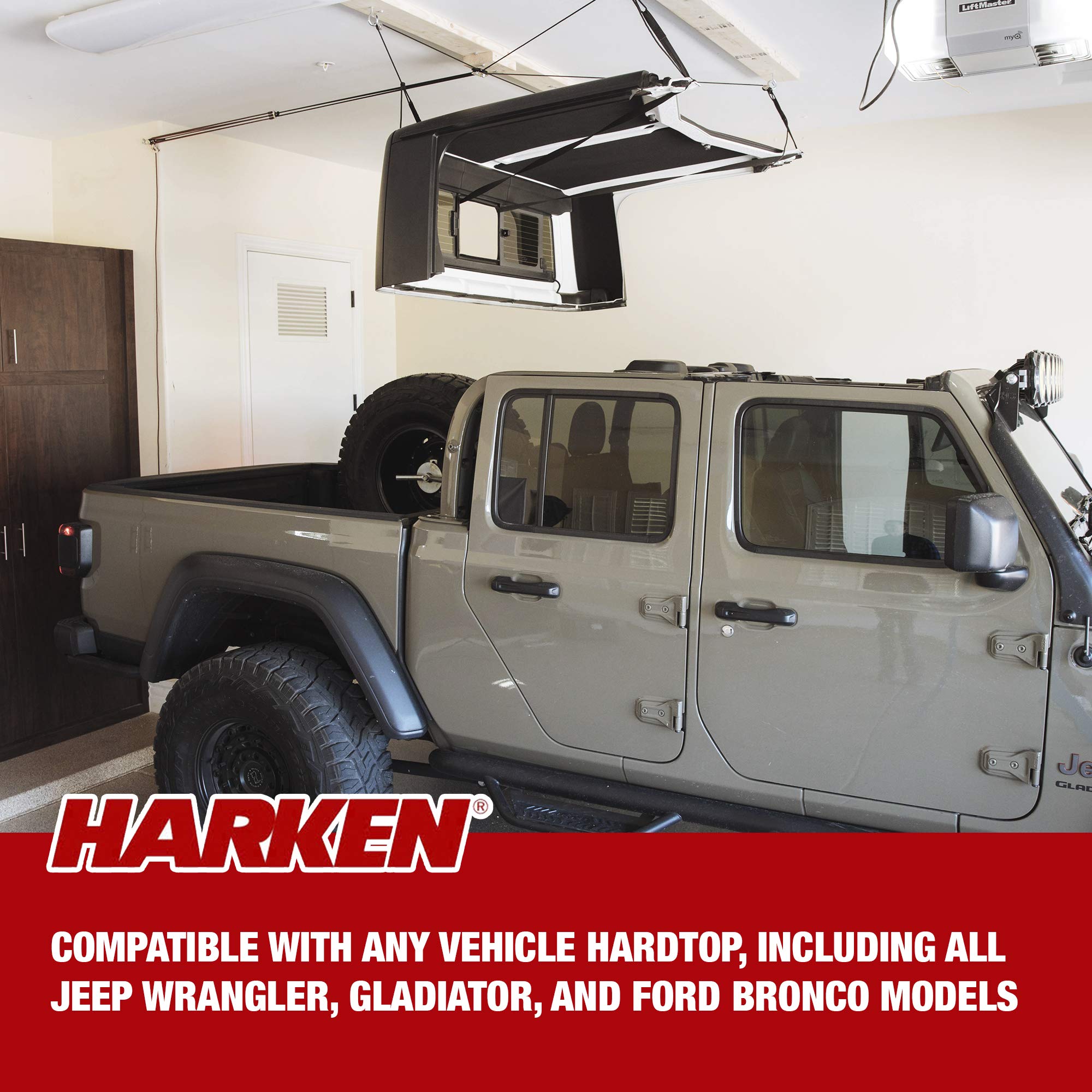 HARKEN - Hardtop Overhead Garage Storage Hoist for Jeep Wrangler and Ford Bronco, Self-Leveling, Safe Anti-Drop System, Easy One-Person Operation, (Bonus T Knobs for Quick Hard Top Removal)