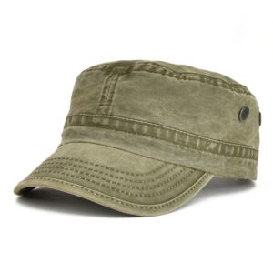 voboom washed cotton military caps cadet army caps unique design vintage flat top cap (army green)