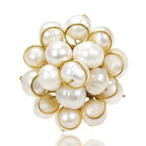 aeravida unique round front cluster cultured freshwater pearl free size ring | flower shaped vintage | elegant wedding rings for women | casual comfort fit silver rings for women | large ring stone