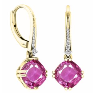 dazzlingrock collection 10k 8 mm each cushion lab created pink sapphire & round white diamond drop earrings, yellow gold