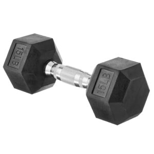 amazon basics rubber encased exercise & fitness hex dumbbell, hand weight for strength training, 15 pounds, black & silver