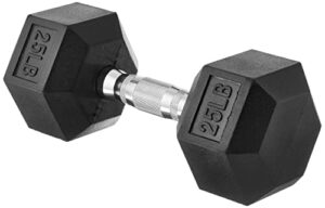 amazon basics rubber encased exercise & fitness hex dumbbell, hand weight for strength training, 25 lb, 11.3 kilograms, black & silver(pack of 1)