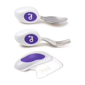 doddl toddler utensils, ergonomic fork spoon and knife set for self feeding, stainless steel silverware for 1-3 year olds, bpa free, dishwasher safe (indigo)