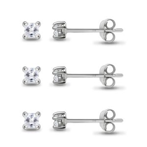 tiny small stud earrings set sterling silver princess-cut square tiny cubic zirconia 2mm cz earring for women men, set of 3 pairs for multiple piercings