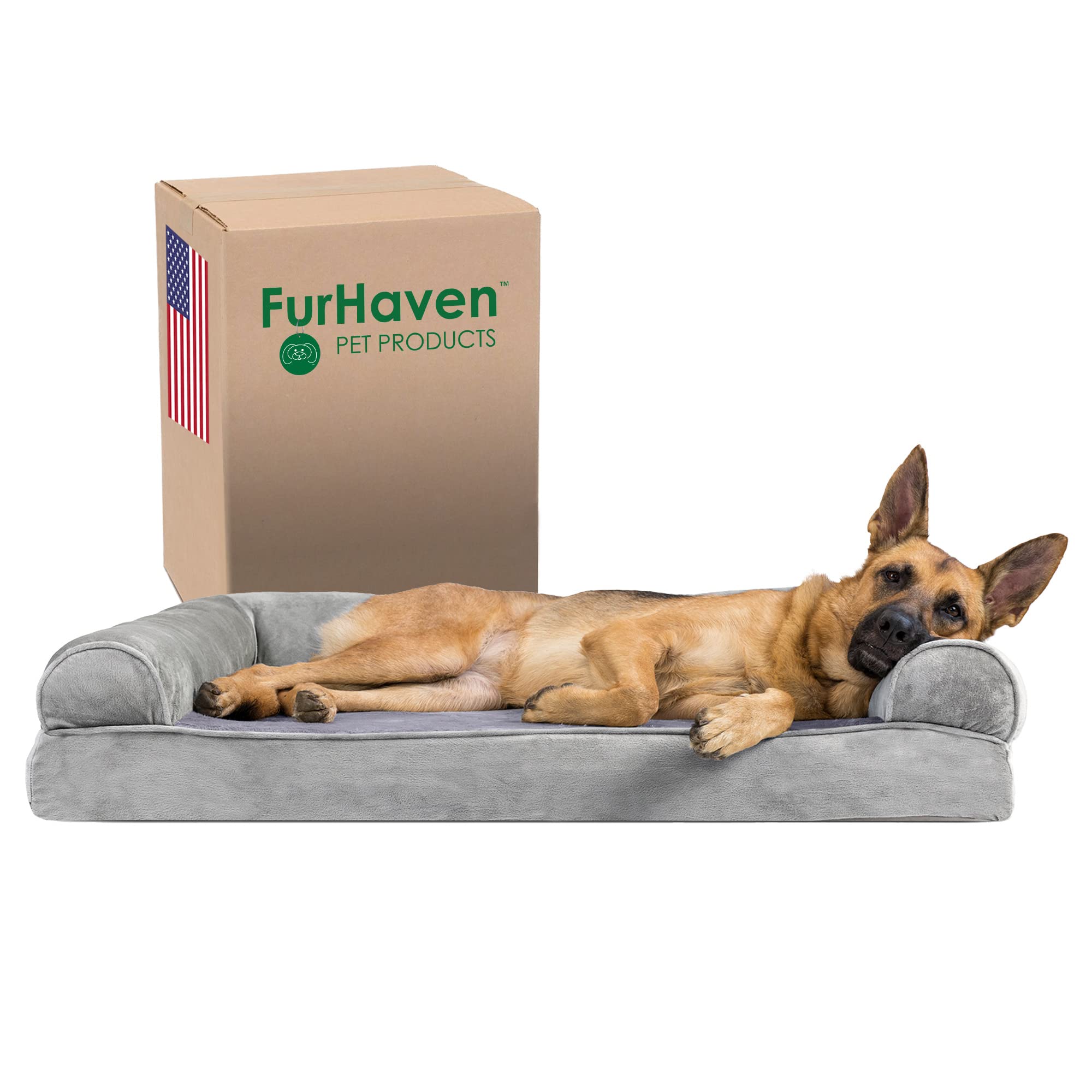 Furhaven Memory Foam Dog Bed for Large Dogs w/ Removable Bolsters & Washable Cover, For Dogs Up to 95 lbs - Faux Fur & Velvet Sofa - Smoke Gray, Jumbo/XL