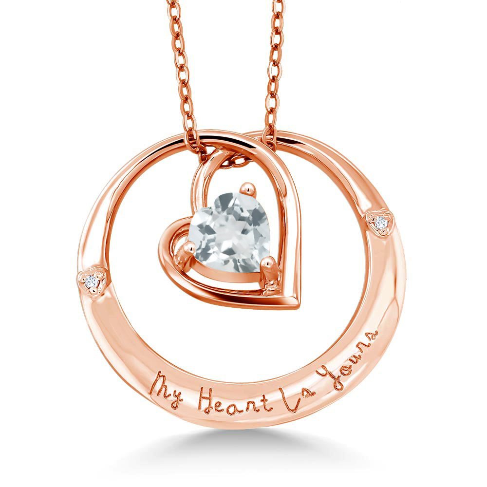 Gem Stone King 18K Rose Gold Plated Silver `My Heart Is Yours` Aquamarine and Diamond Pendant