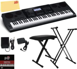 casio wk-7600 76-key workstation keyboard bundle with adjustable stand, bench, sustain pedal, power supply, instructional dvd, and austin bazaar polishing cloth