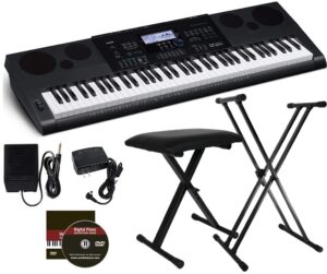 casio wk-6600 76-key workstation keyboard bundle with adjustable stand, bench, sustain pedal, power supply, instructional dvd, and austin bazaar polishing cloth