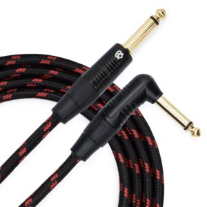 kliq guitar instrument cable, 10 ft - custom series with premium rean-neutrik 1/4" straight to right angle gold plugs, black/red tweed