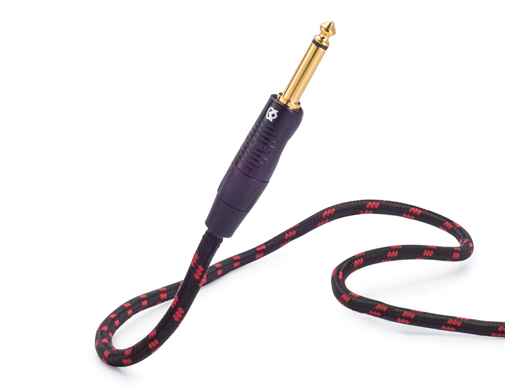 KLIQ Guitar Instrument Cable, 10 Ft - Custom Series with Premium Rean-Neutrik 1/4" Straight to Right Angle Gold Plugs, Black/Red Tweed