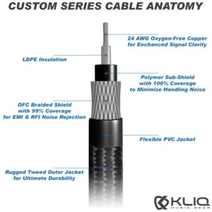 KLIQ Guitar Instrument Cable, 10 Ft - Custom Series with Premium Rean-Neutrik 1/4" Straight to Right Angle Gold Plugs, Black/Red Tweed