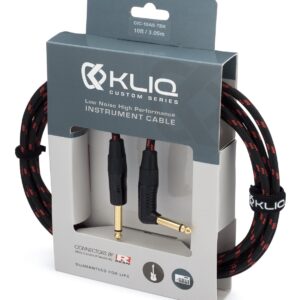 KLIQ Guitar Instrument Cable, 10 Ft - Custom Series with Premium Rean-Neutrik 1/4" Straight to Right Angle Gold Plugs, Black/Red Tweed