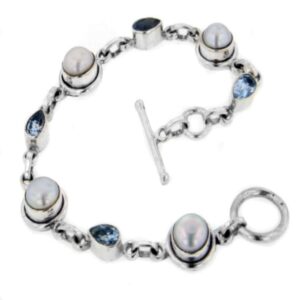 sterling silver genuine blue topaz and cultured freshwater pearl gemstone toggle bracelet - 7.5"