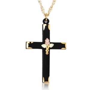 black powder coated cross pendant necklace, 10k yellow gold, 12k green and rose gold black hills gold motif, 18"