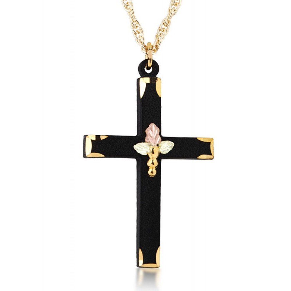 Black Powder Coated Cross Pendant Necklace, 10k Yellow Gold, 12k Green and Rose Gold Black Hills Gold Motif, 18"