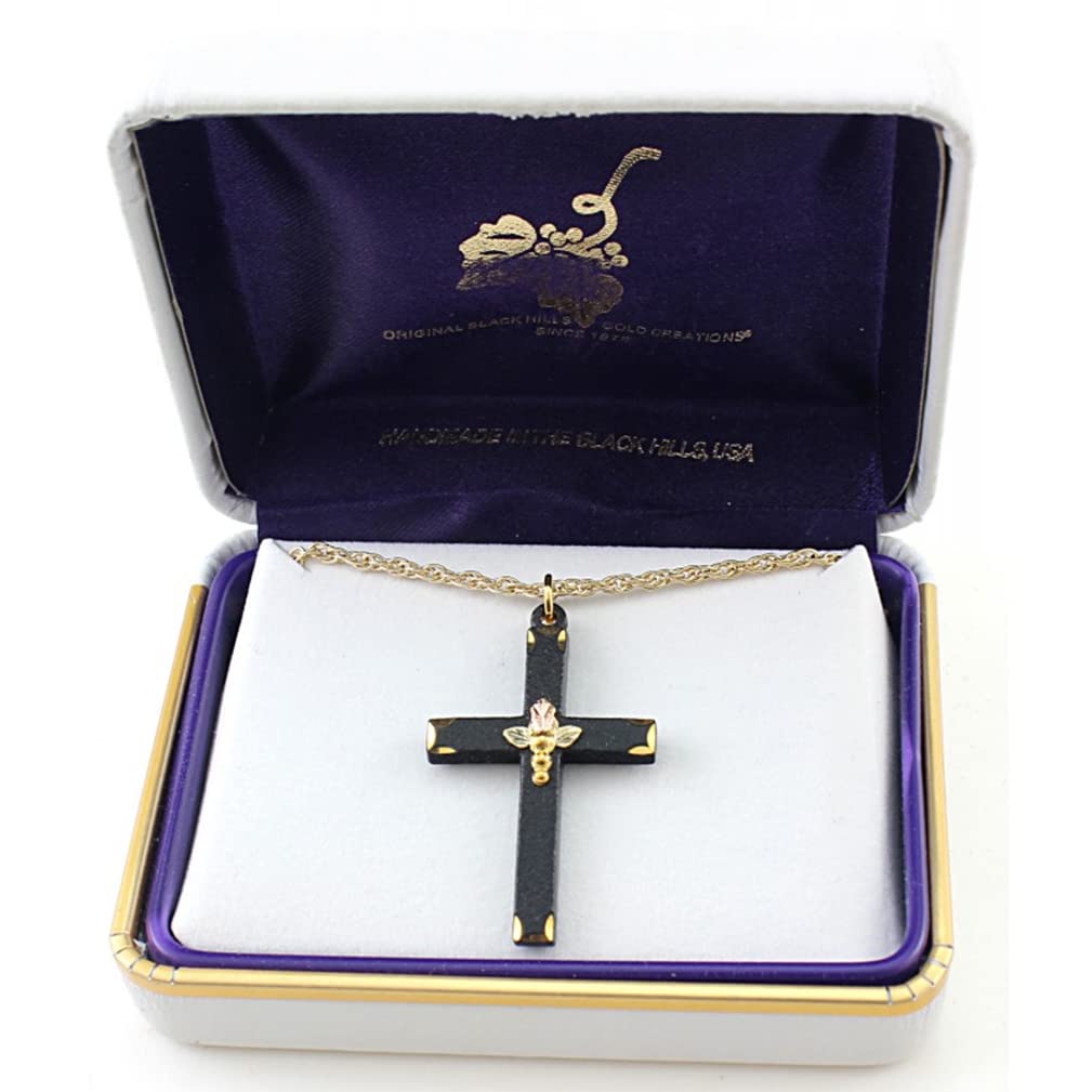 Black Powder Coated Cross Pendant Necklace, 10k Yellow Gold, 12k Green and Rose Gold Black Hills Gold Motif, 18"