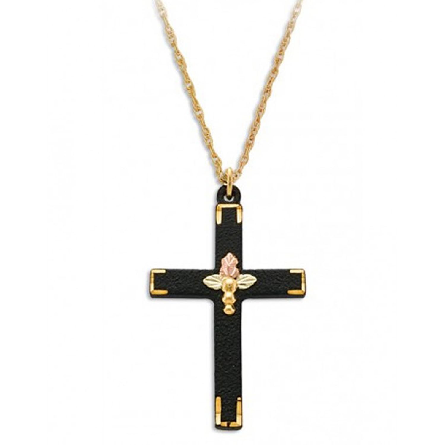 Black Powder Coated Cross Pendant Necklace, 10k Yellow Gold, 12k Green and Rose Gold Black Hills Gold Motif, 18"