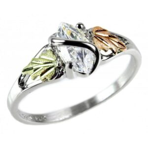 marquise cz with leaf slim-profile ring, sterling silver, 12k green and rose black hills gold size 9.75