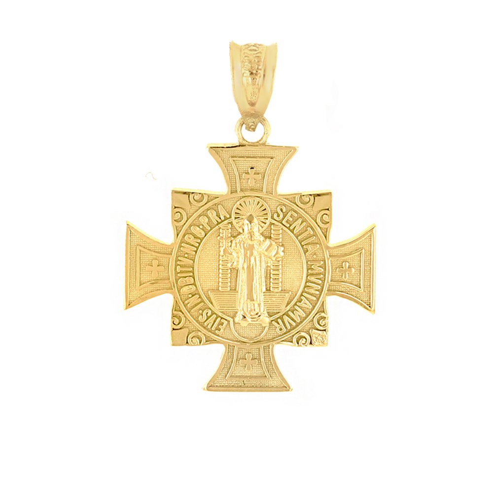 Solid 10k Yellow Gold St. Benedict of Nursia Maltese Cross Charm Pendant (0.97")