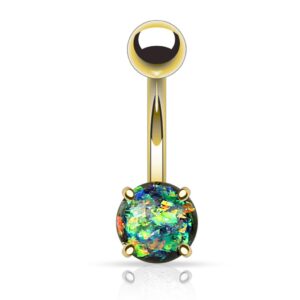 fifth cue 14g opal glitter prong set gold ip over 316l surgical steel belly button ring (synthetic opal) - dark green