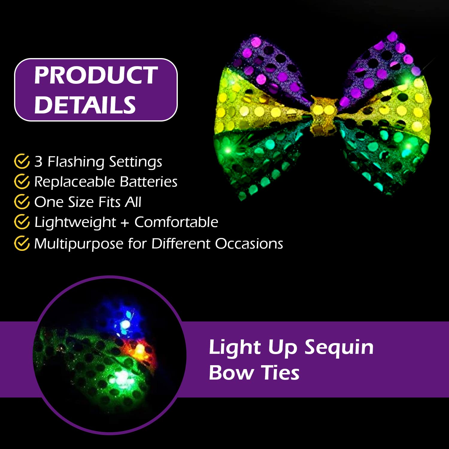 The Electric Mammoth LED Sequin Bow Ties - Light Up Flashing Mens Tie Party Fashion Accessory - 3 Light Modes (Purple Green Gold)