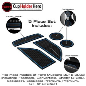 CupHolderHero fits Ford Mustang Accessories 2015-2023 Premium Custom Interior Non-Slip Anti Dust Cup Holder Inserts, Center Console Liner Mats, Door Pocket Liners 5pc Set (Blue Trim)