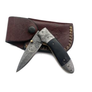 wolfklinge handmade damascus folding pocket bowie knife for edc,hunting,survival,camping,fishing skinning and bushcraft with full tang micarta handel and cowhide-leather sheath for men and women - dcf21-25