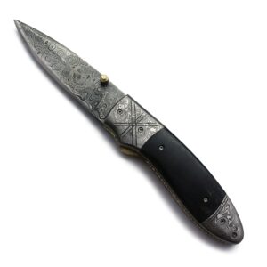 WolfKlinge Handmade Damascus Folding Pocket Bowie Knife For EDC,Hunting,Survival,Camping,Fishing Skinning and Bushcraft with Full Tang Micarta Handel and Cowhide-Leather Sheath For Men and Women - DCF21-25