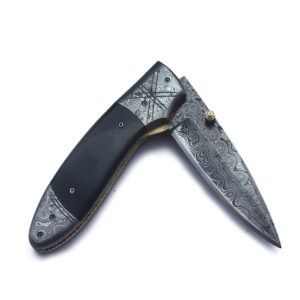 WolfKlinge Handmade Damascus Folding Pocket Bowie Knife For EDC,Hunting,Survival,Camping,Fishing Skinning and Bushcraft with Full Tang Micarta Handel and Cowhide-Leather Sheath For Men and Women - DCF21-25