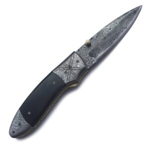 WolfKlinge Handmade Damascus Folding Pocket Bowie Knife For EDC,Hunting,Survival,Camping,Fishing Skinning and Bushcraft with Full Tang Micarta Handel and Cowhide-Leather Sheath For Men and Women - DCF21-25