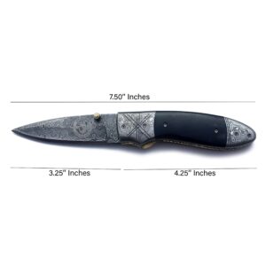 WolfKlinge Handmade Damascus Folding Pocket Bowie Knife For EDC,Hunting,Survival,Camping,Fishing Skinning and Bushcraft with Full Tang Micarta Handel and Cowhide-Leather Sheath For Men and Women - DCF21-25