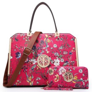 dasein women large satchel handbag shoulder purse top handle work bag tote with matching wallet (fuchsia flower)