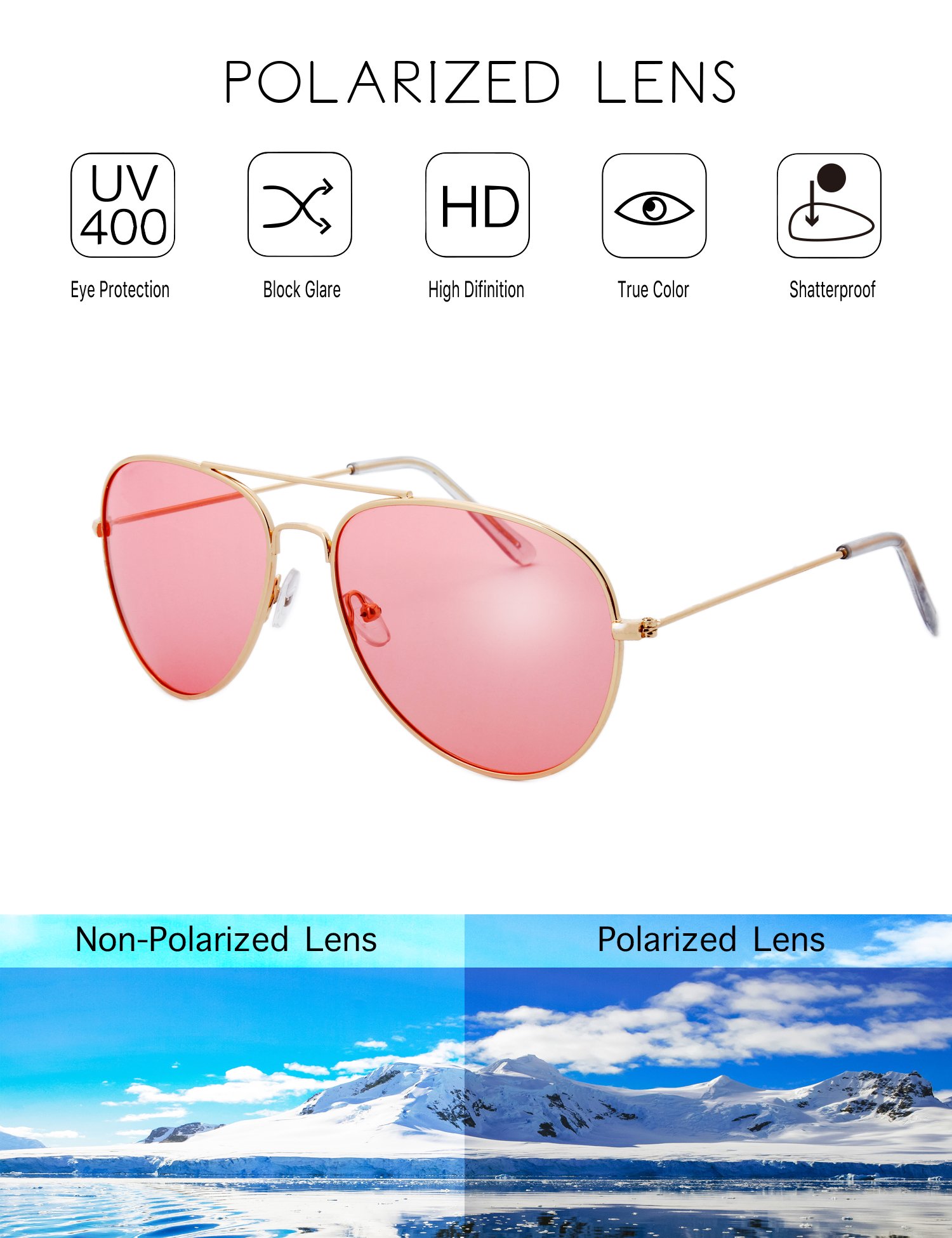 The Fresh Classic Metal Frame Polarized Lens Aviator Sunglasses with Gift Box (12-Gold, PINK)