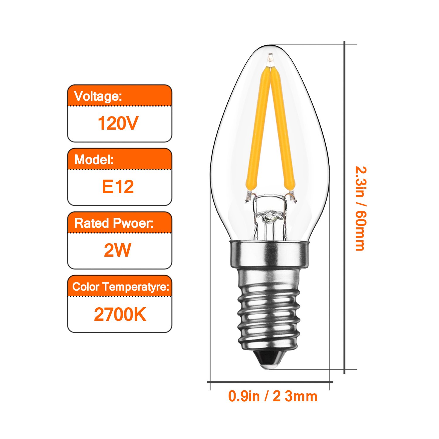 HzSane 2W LED Filament C7 Night Light Bulb, 2700K Warm White 200LM, E12 Candelabra Base Lamp C7 Mini Torpedo Shape, 15W Incandescent Replacement, Refrigerator Bulb, Non-dimmable, 4 Pack