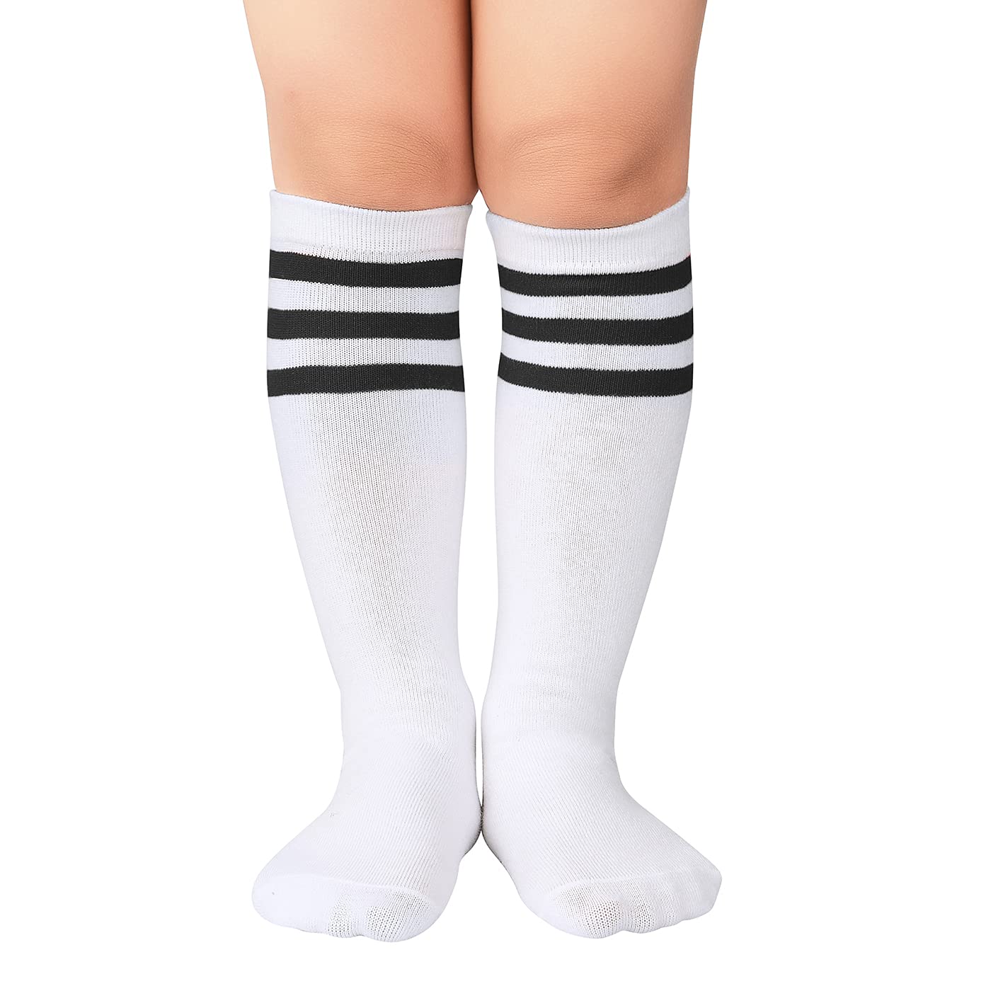 Zando Kids Child Cotton Three Stripes Sport Soccer Team Socks Uniform Tube Cute Knee High Stocking for Boys Girls 1 Pairs White Black One Size