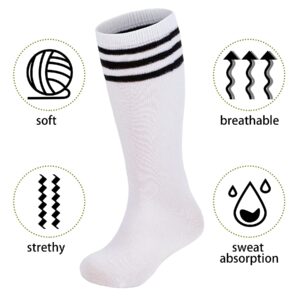 Zando Kids Child Cotton Three Stripes Sport Soccer Team Socks Uniform Tube Cute Knee High Stocking for Boys Girls 1 Pairs White Black One Size