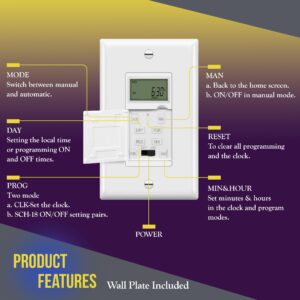 ENERLITES Programmable Digital Timer Switch for Lights, Fans, Motors, 7-Day 18 ON/OFF Timer Settings, Single Pole, Neutral Wire Required, UL Listed, HET01-C, White, 2 Pack