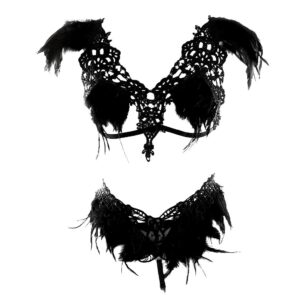 petmhs women harness feather epaulette bralette strappy full body frame set festival rave halloween burning man wing (black)