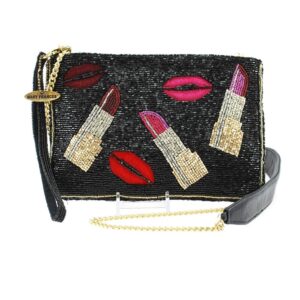 mary frances kiss me beaded lipstick, embroidered kisses top-zip cross-body mini handbag