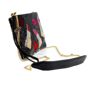 MARY FRANCES Kiss Me Beaded Lipstick, Embroidered Kisses Top-Zip Cross-Body Mini Handbag