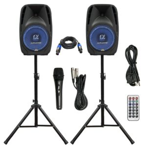 pair alphasonik all-in-one 12" powered 1500w pro dj amplified loud speakers with bluetooth usb sd card aux mp3 fm radio pa system led lights karaoke mic guitar amp 2 tripod stands cable and microphone