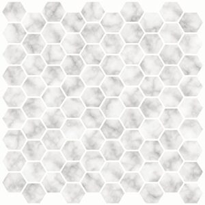 in home inhome nh2359 hexagon marble peel stick backsplash tiles, white & off-white