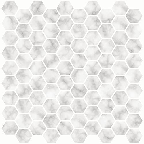 In Home InHome NH2359 Hexagon Marble Peel Stick Backsplash Tiles, White & Off-White