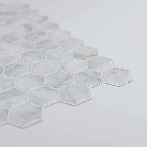 In Home InHome NH2359 Hexagon Marble Peel Stick Backsplash Tiles, White & Off-White