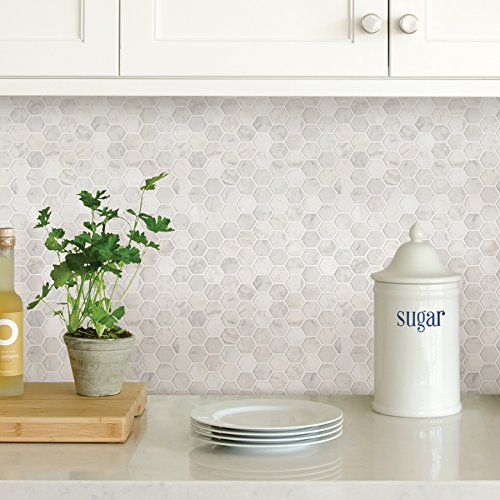 In Home InHome NH2359 Hexagon Marble Peel Stick Backsplash Tiles, White & Off-White